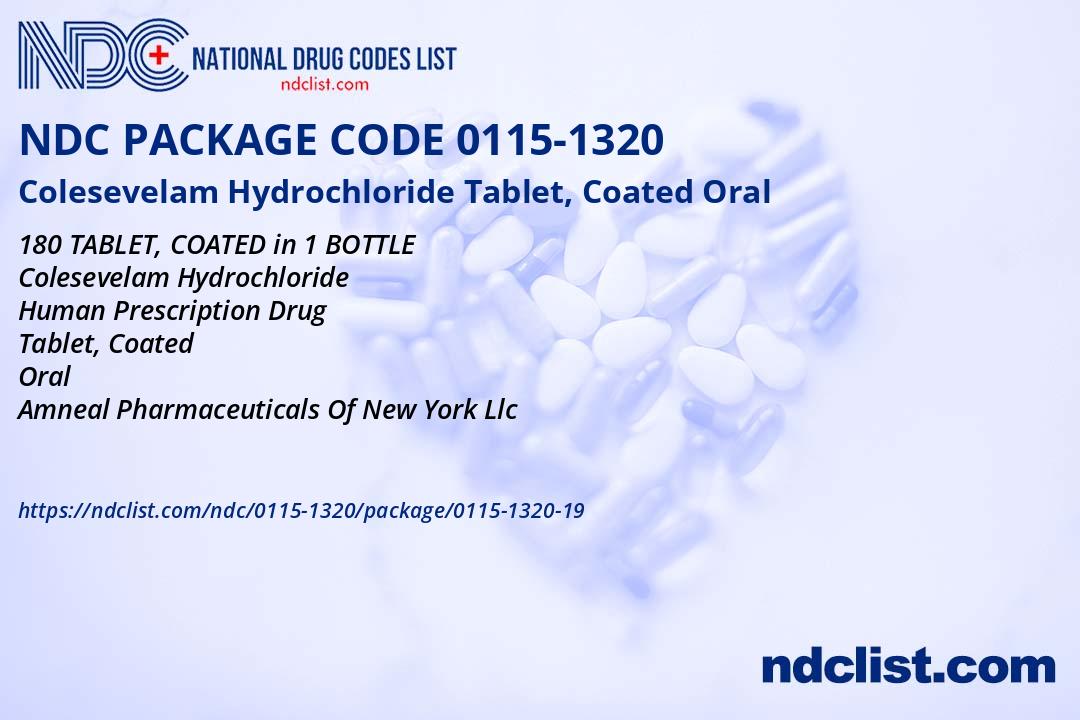 NDC Package 0115-1320-19 Colesevelam Hydrochloride Tablet, Coated Oral