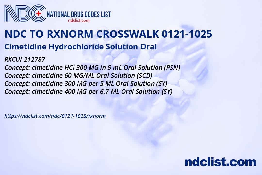 NDC RxNorm Crosswalk 0121-1025 Cimetidine Hydrochloride Solution Oral