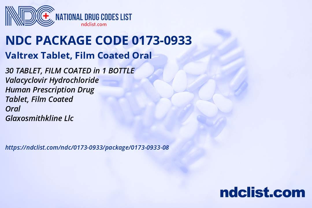 NDC Package 0173-0933-08 Valtrex Tablet, Film Coated Oral