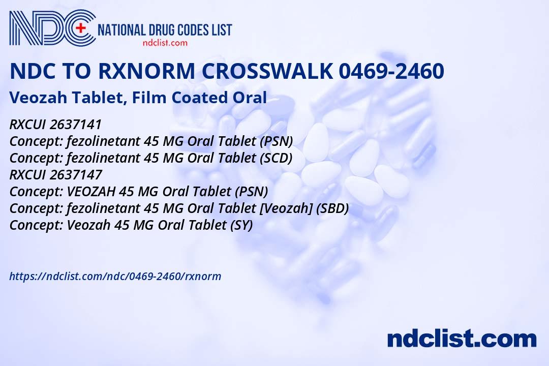 NDC RxNorm Crosswalk 0469-2460 Veozah Tablet, Film Coated Oral