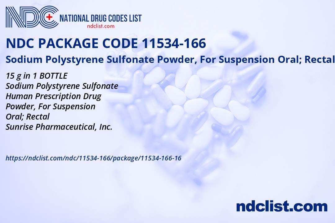 NDC Package 11534-166-16 Sodium Polystyrene Sulfonate Powder, For ...