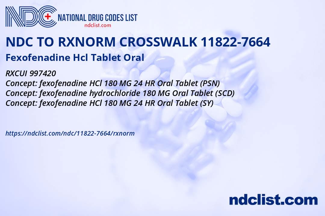NDC RxNorm Crosswalk 11822-7664 Fexofenadine Hcl Tablet Oral