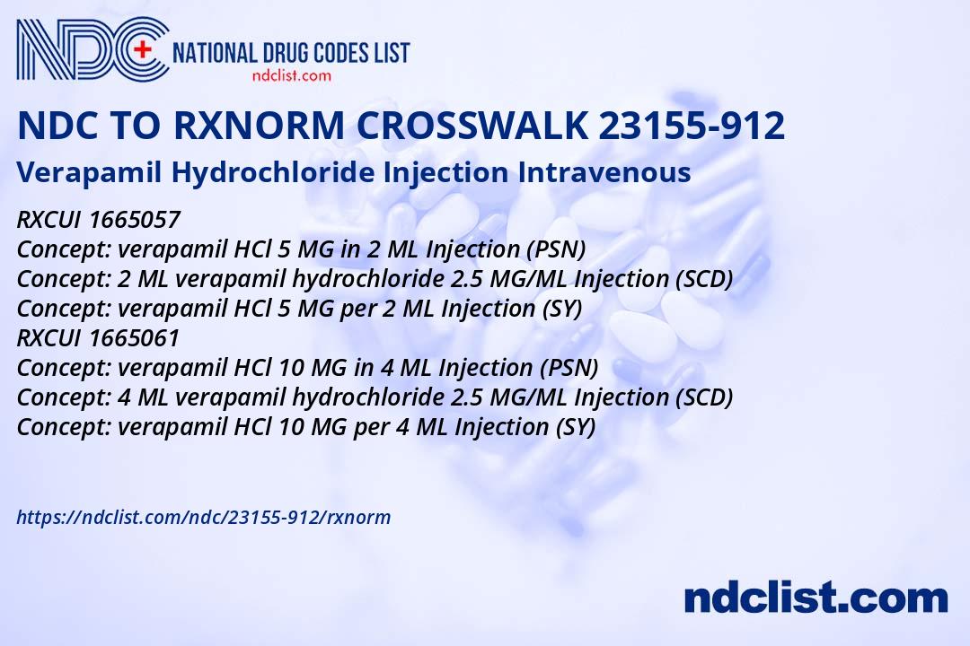 NDC RxNorm Crosswalk 23155-912 Verapamil Hydrochloride Injection Intravenous