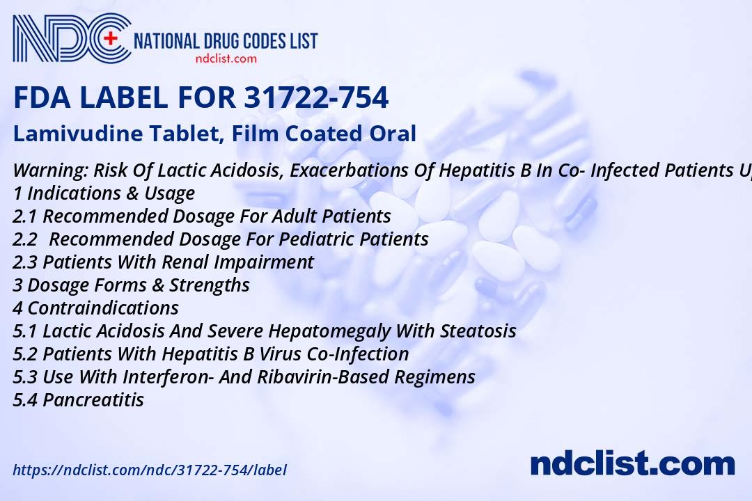 Lamivudine Tablet, Film Coated FDA Label - NDC 31722-754