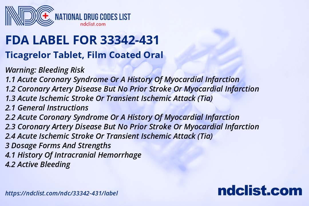 Ticagrelor Tablet, Film Coated FDA Label - NDC 33342-431