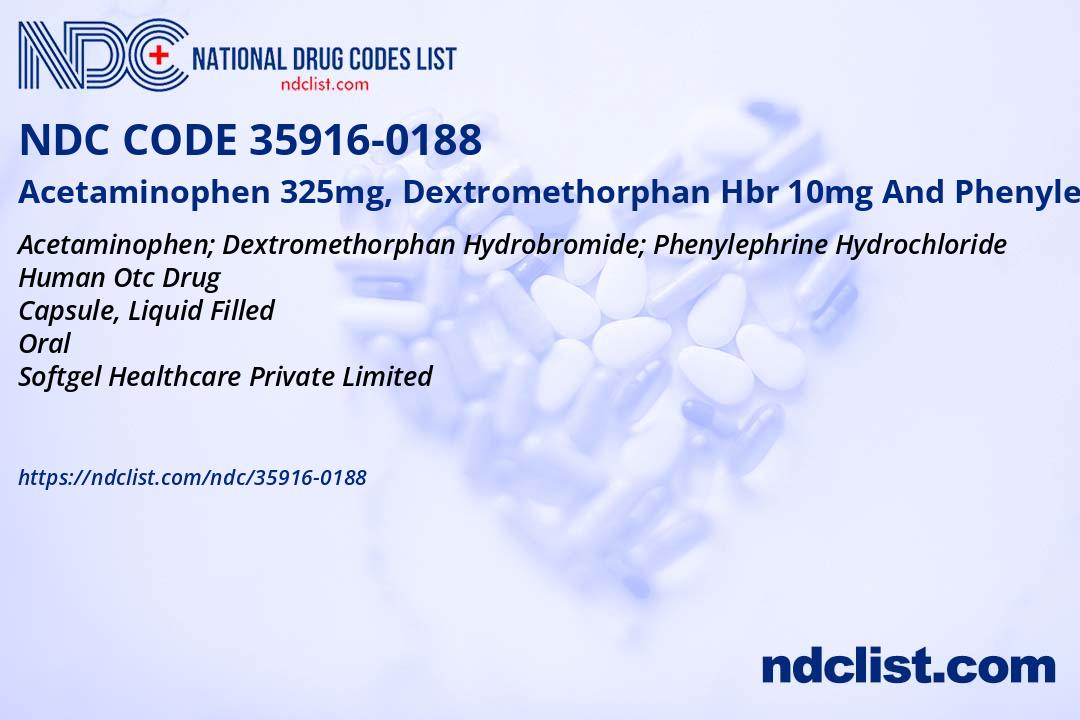 NDC 35916-0188 Acetaminophen 325mg, Dextromethorphan Hbr 10mg And Phenyleprine Hcl 5mg Capsule ...
