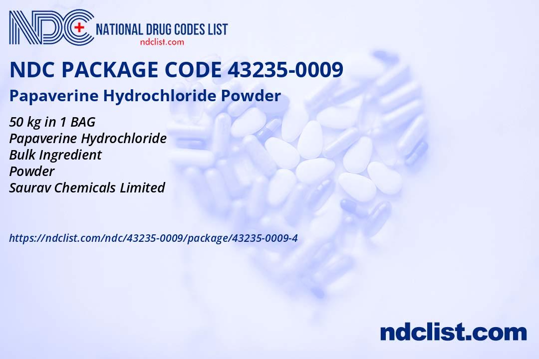 NDC Package 43235-0009-4 Papaverine Hydrochloride Powder