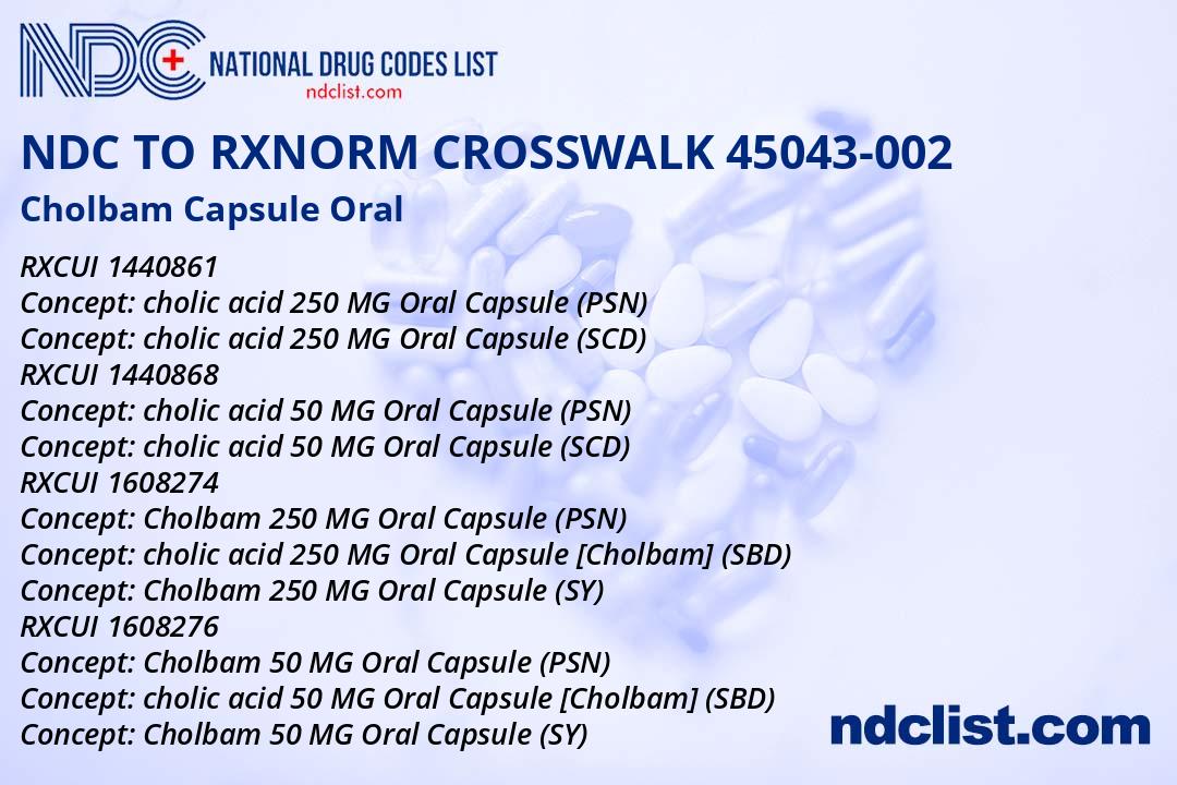 NDC RxNorm Crosswalk 45043-002 Cholbam Capsule Oral
