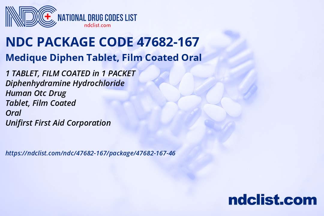 NDC Package 47682-167-46 Medique Diphen Tablet, Film Coated Oral