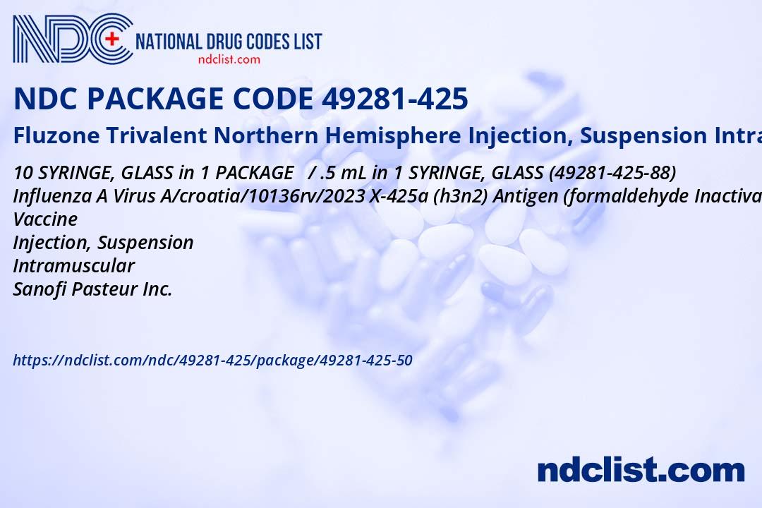 NDC Package 49281-425-50 Fluzone Trivalent Northern Hemisphere Injection, Suspension Intramuscular