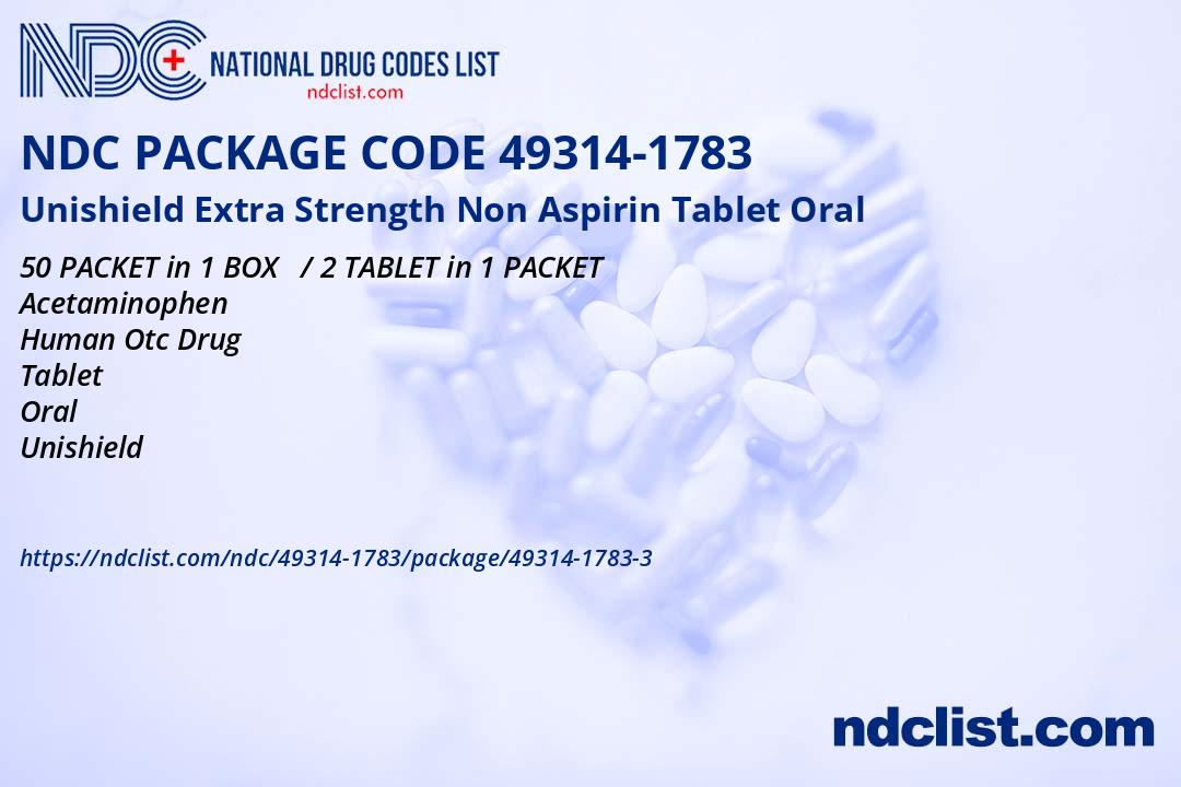 NDC Package 49314-1783-3 Unishield Extra Strength Non Aspirin Tablet Oral