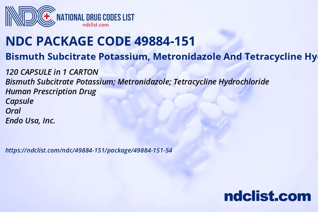 NDC Package 49884-151-54 Bismuth Subcitrate Potassium, Metronidazole And Tetracycline ...