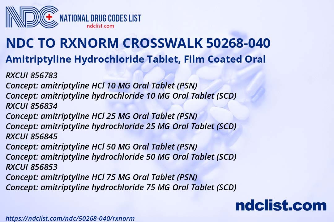 NDC RxNorm Crosswalk 50268-040 Amitriptyline Hydrochloride Tablet, Film Coated Oral