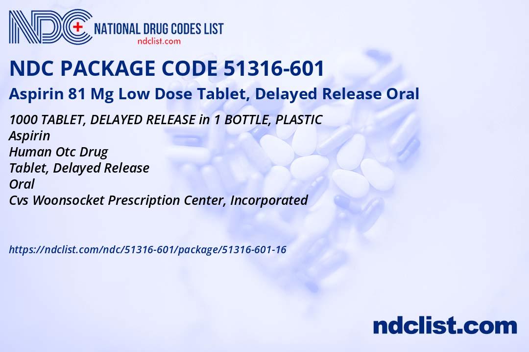 NDC Package 51316-601-16 Aspirin 81 Mg Low Dose Tablet, Delayed Release ...