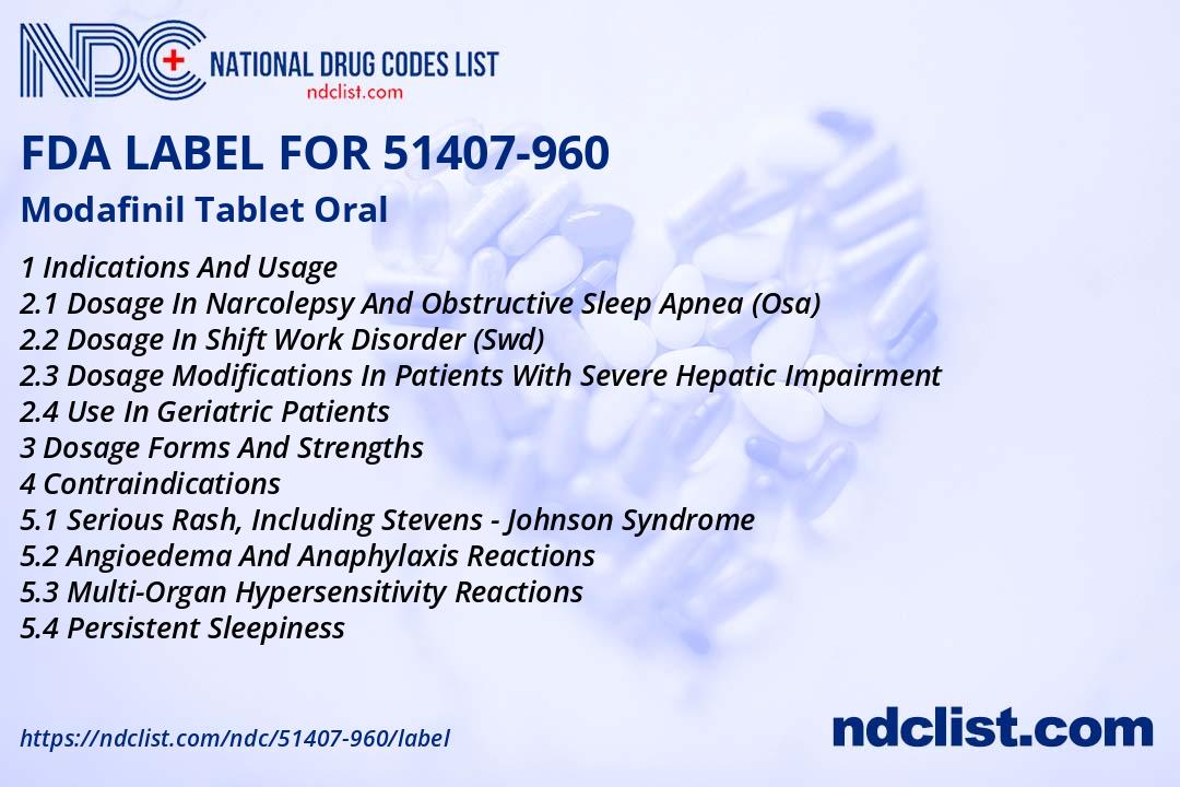 Modafinil Tablet FDA Label - NDC 51407-960