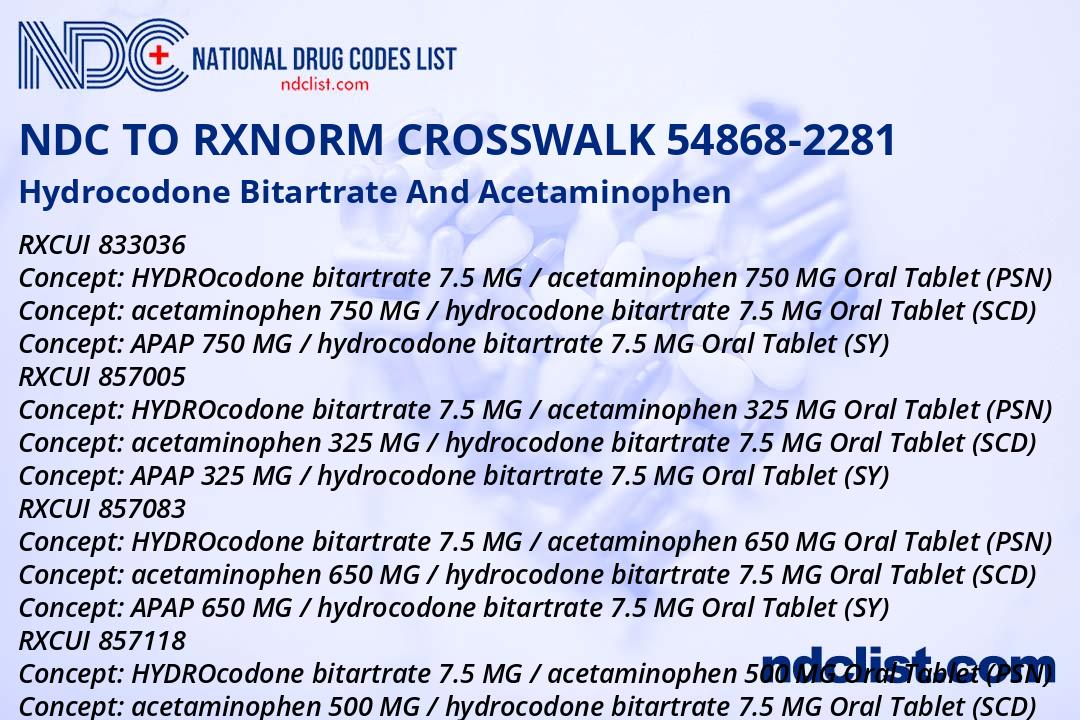 NDC RxNorm Crosswalk 54868-2281 Hydrocodone Bitartrate And Acetaminophen