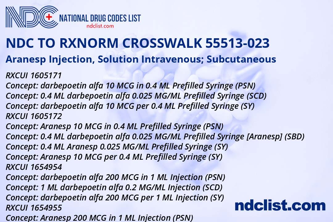 NDC RxNorm Crosswalk 55513-023 Aranesp Injection, Solution Intravenous ...