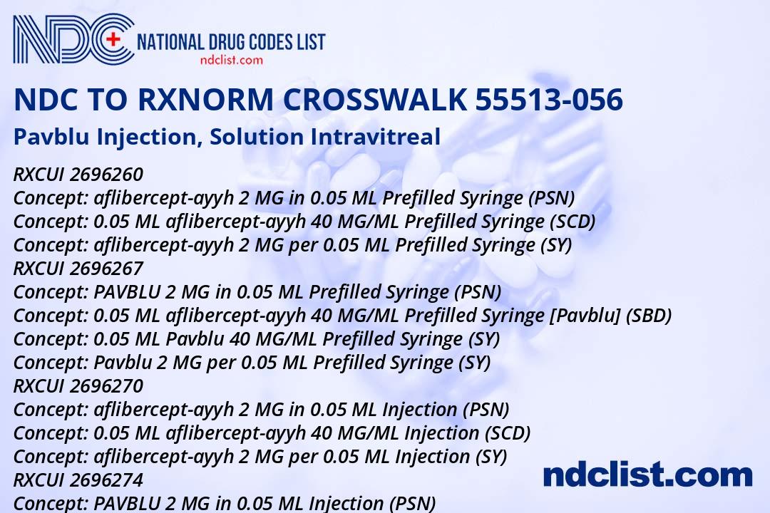 NDC RxNorm Crosswalk 55513-056 Pavblu Injection, Solution Intravitreal