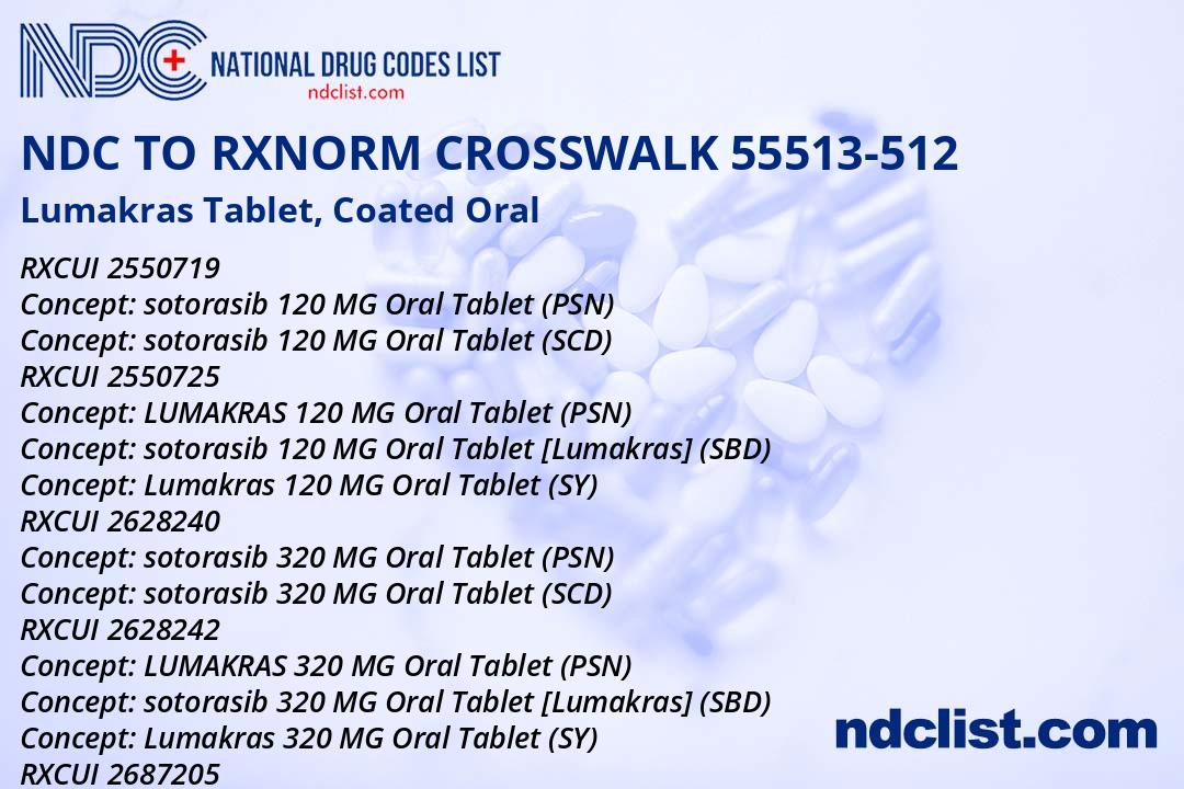NDC RxNorm Crosswalk 55513-512 Lumakras Tablet, Coated Oral
