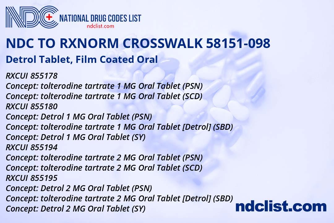 NDC RxNorm Crosswalk 58151-098 Detrol Tablet, Film Coated Oral