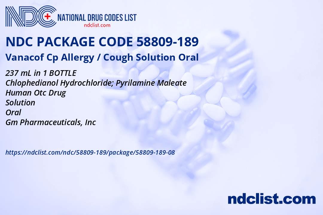 NDC Package 58809-189-08 Vanacof Cp Allergy / Cough Solution Oral