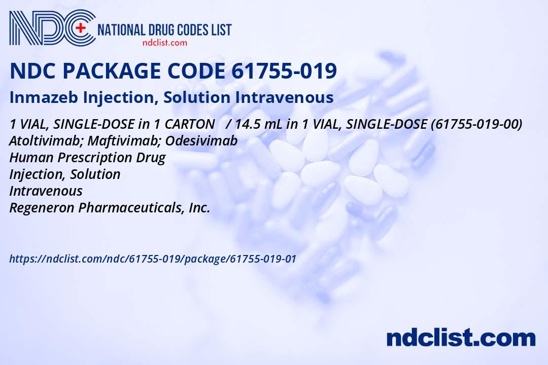 NDC Package 61755-019-01 Inmazeb Injection, Solution Intravenous