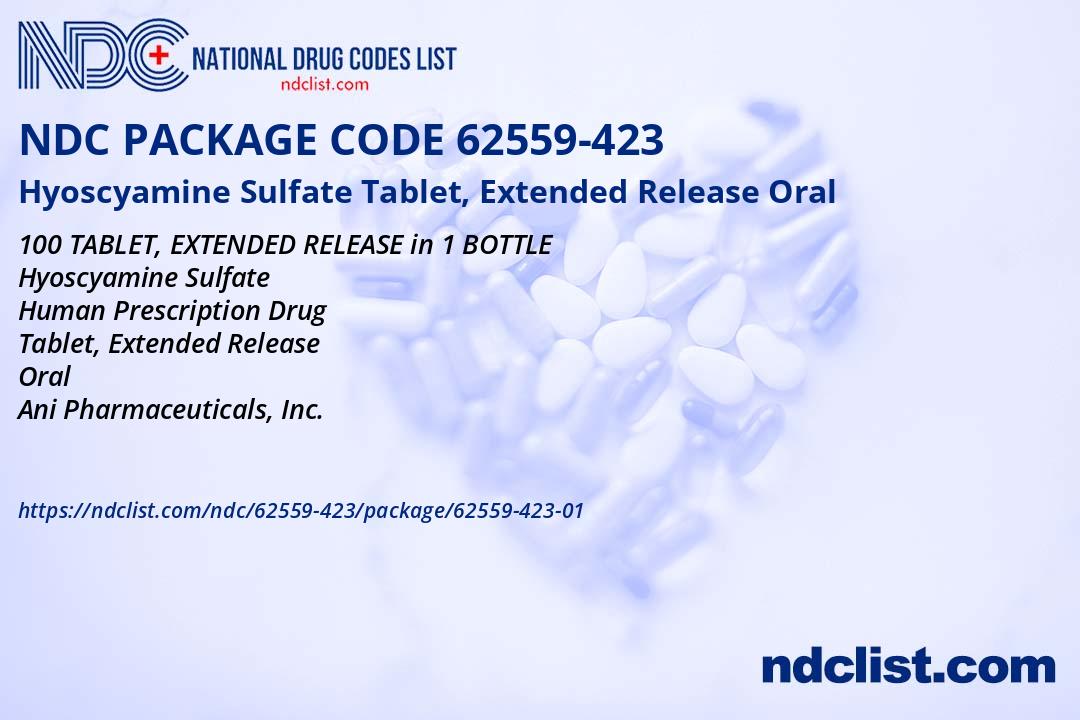 NDC Package 62559-423-01 Hyoscyamine Sulfate Tablet, Extended Release Oral