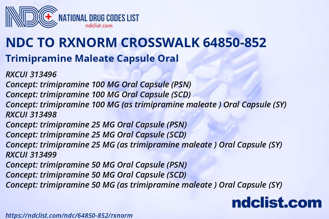 Trimipramine Maleate Capsule- RxNorm Crosswalk NDC64850-852