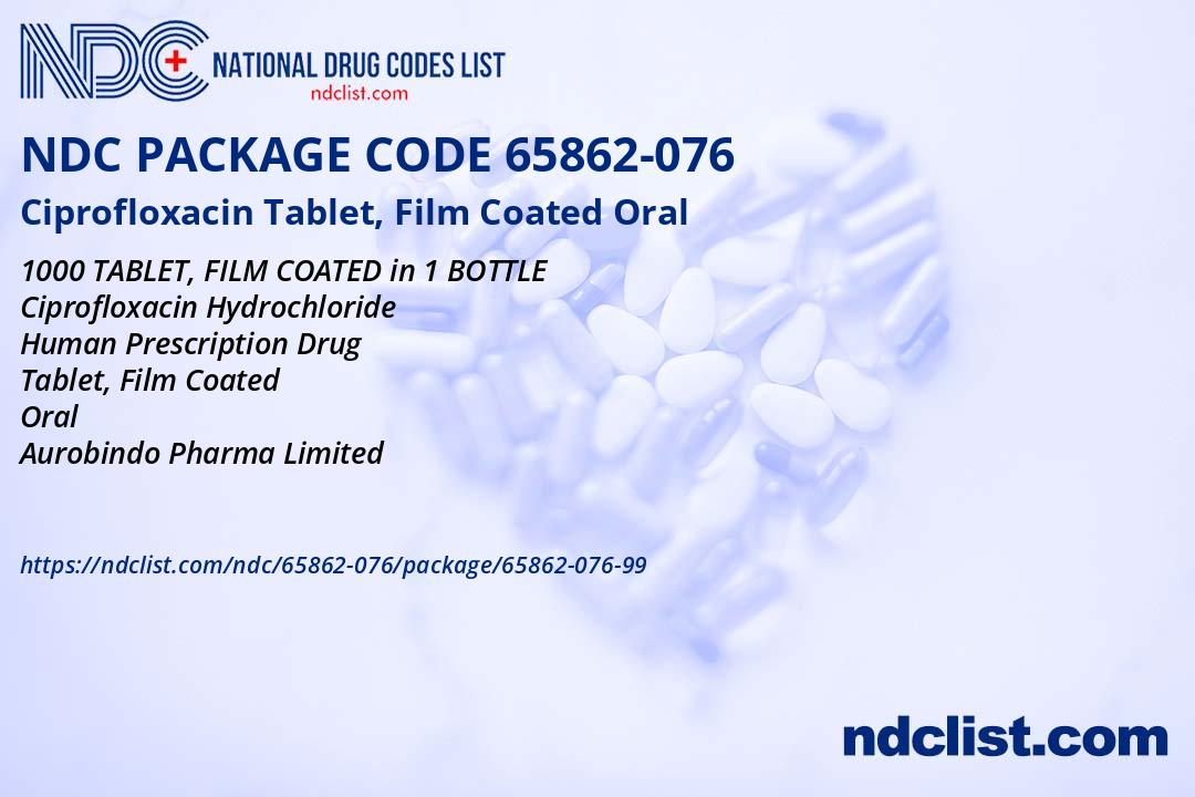 Ciprofloxacin Tablet, Film Coated NDC Package 65862-076-99