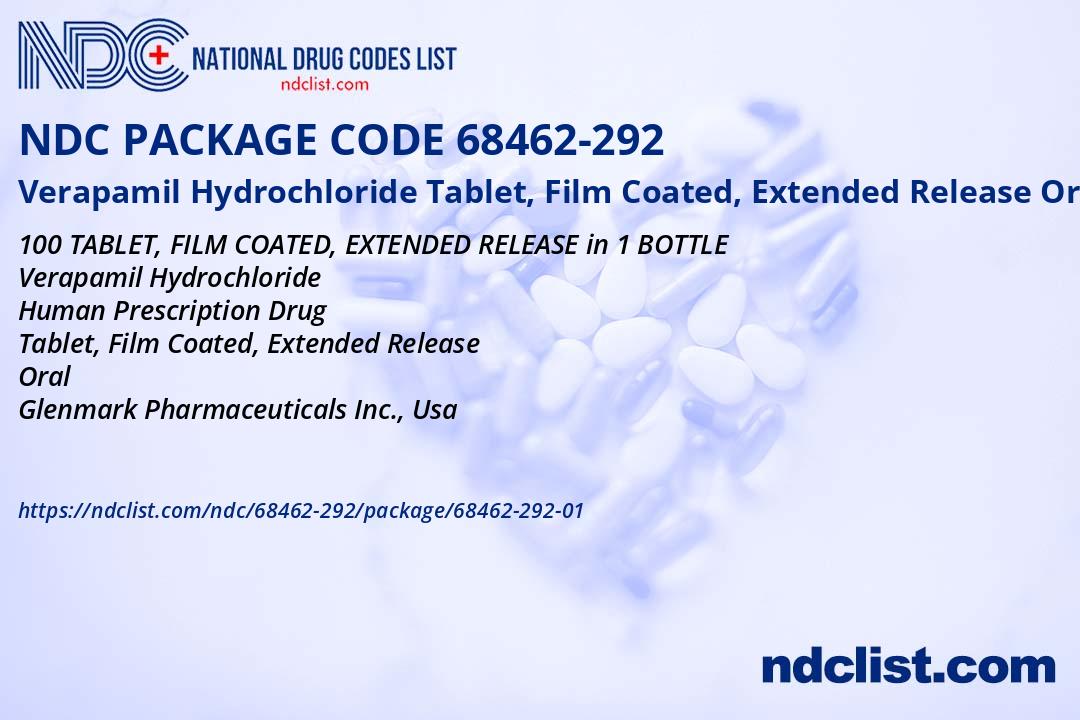 NDC Package 68462-292-01 Verapamil Hydrochloride Tablet, Film Coated, Extended Release Oral
