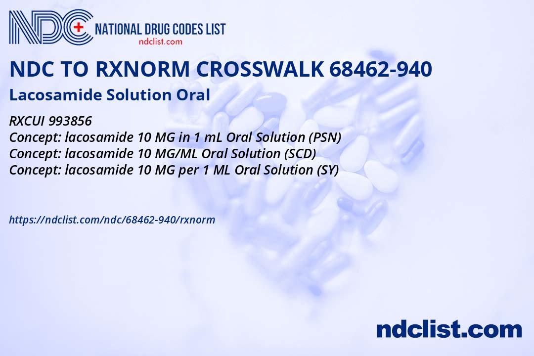 NDC RxNorm Crosswalk 68462-940 Lacosamide Solution Oral