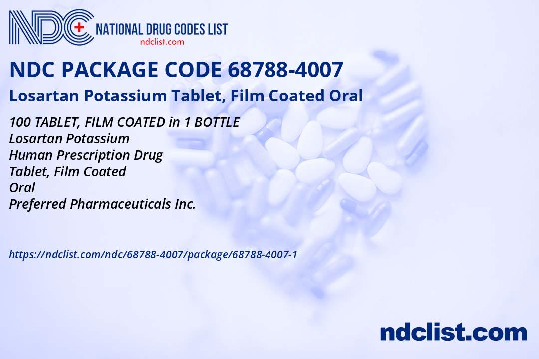NDC Package 68788-4007-1 Losartan Potassium Tablet, Film Coated Oral