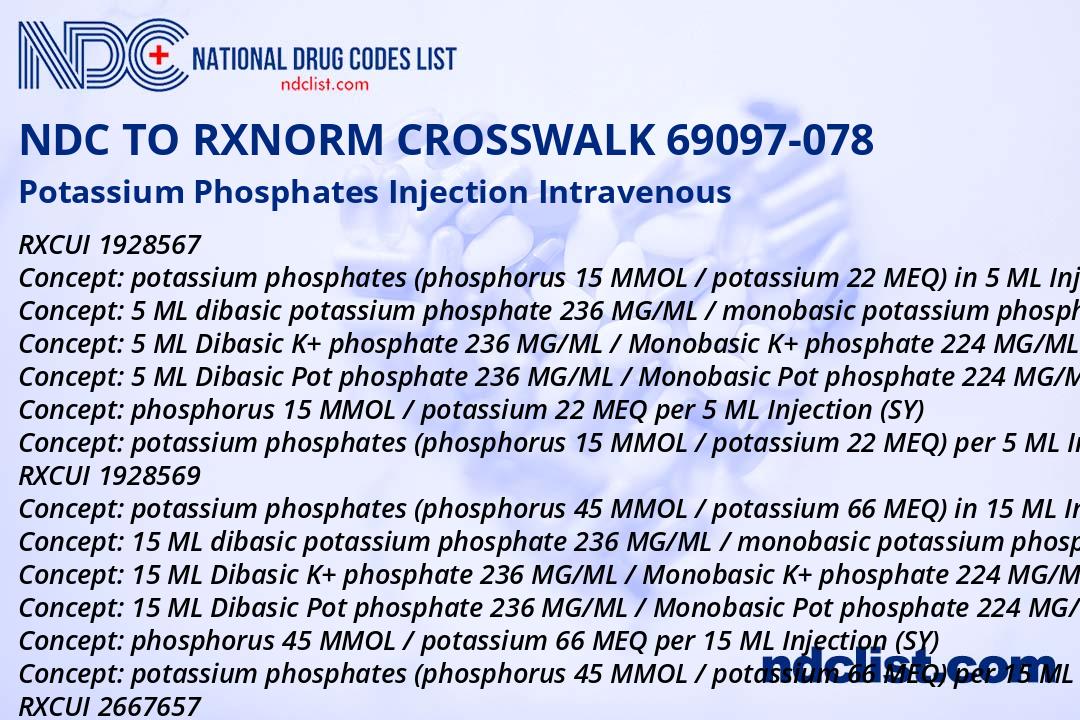 NDC RxNorm Crosswalk 69097-078 Potassium Phosphates Injection Intravenous