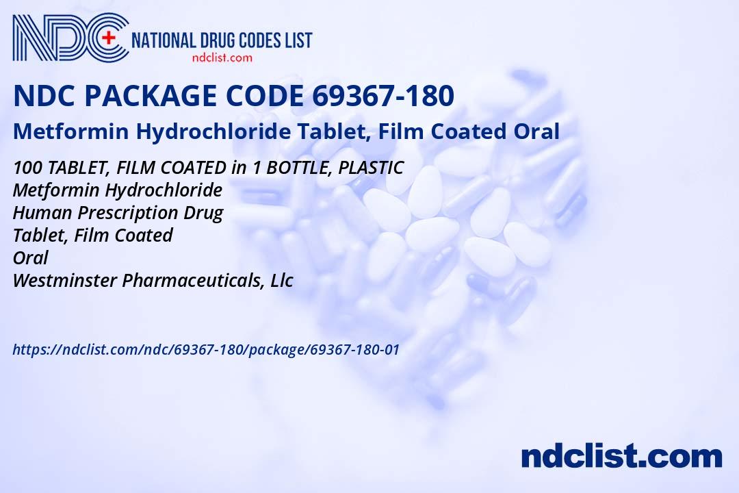 NDC Package 69367-180-01 Metformin Hydrochloride Tablet, Film Coated Oral