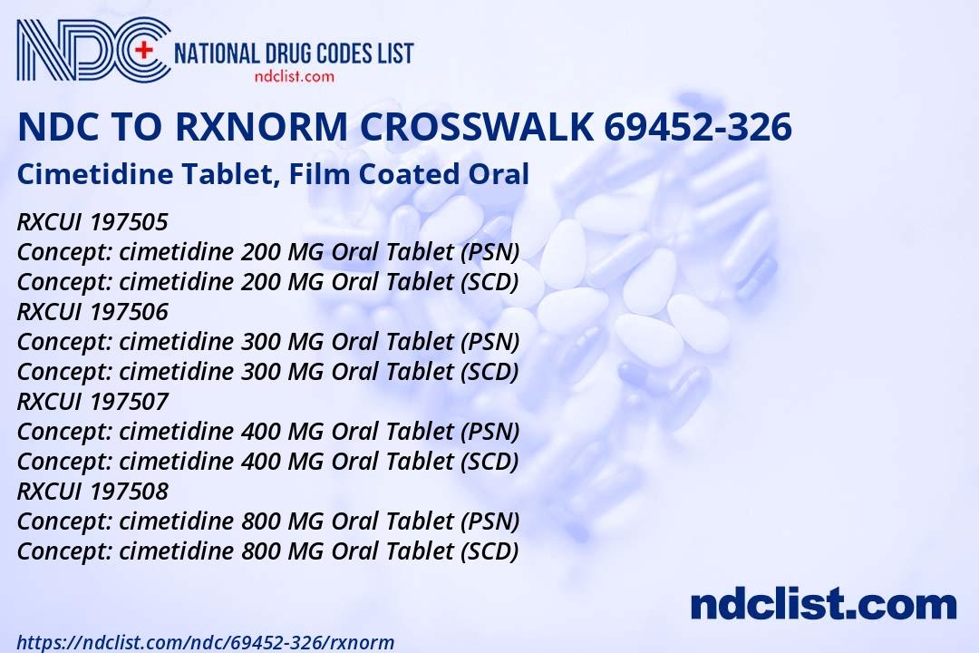 NDC RxNorm Crosswalk 69452-326 Cimetidine Tablet, Film Coated Oral