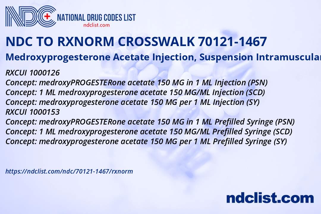 NDC RxNorm Crosswalk 70121-1467 Medroxyprogesterone Acetate Injection ...