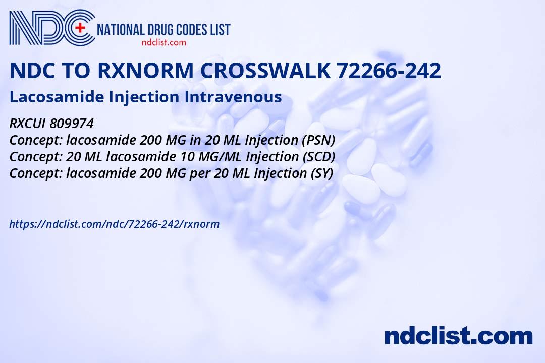 NDC RxNorm Crosswalk 72266-242 Lacosamide Injection Intravenous
