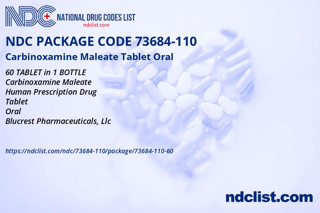 NDC Package 73684-110-60 Carbinoxamine Maleate Tablet Oral