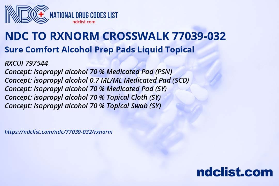 NDC RxNorm Crosswalk 77039-032 Sure Comfort Alcohol Prep Pads Liquid ...