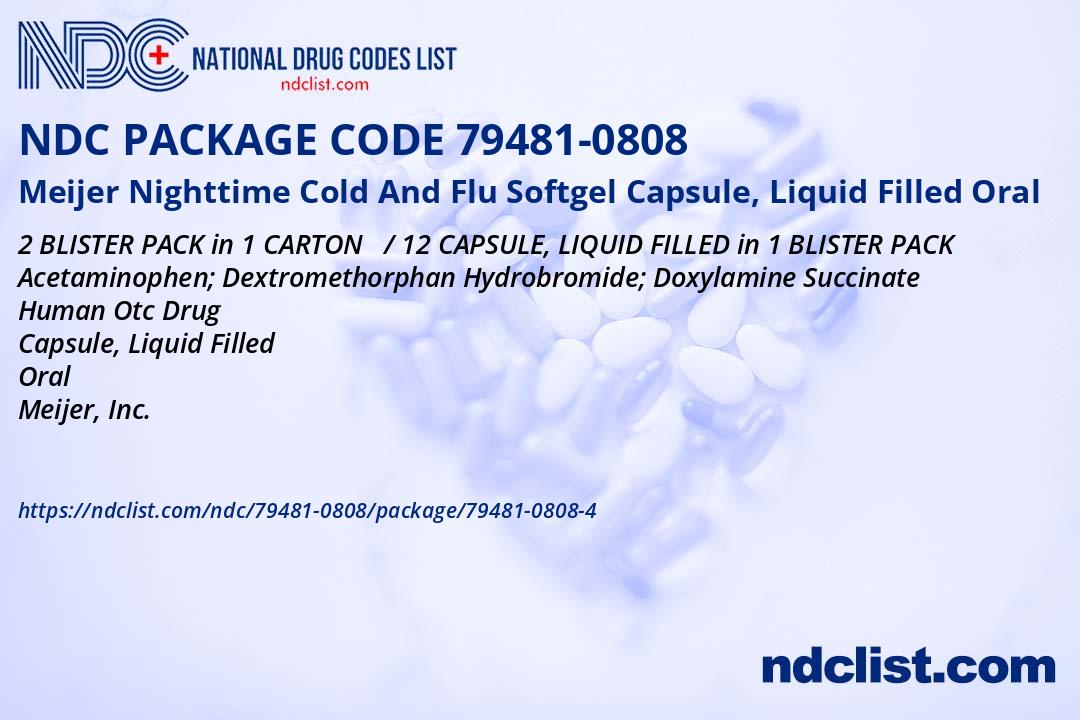 NDC Package 79481-0808-4 Meijer Nighttime Cold And Flu Softgel Capsule, Liquid Filled Oral