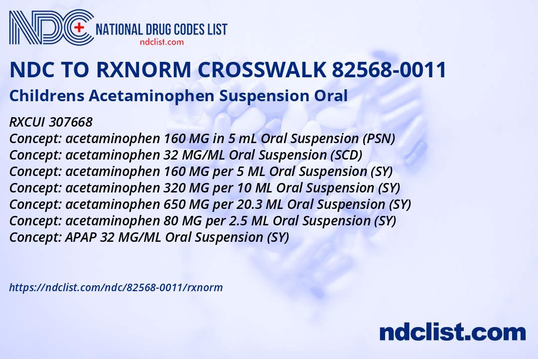 NDC RxNorm Crosswalk 82568-0011 Childrens Acetaminophen Suspension Oral