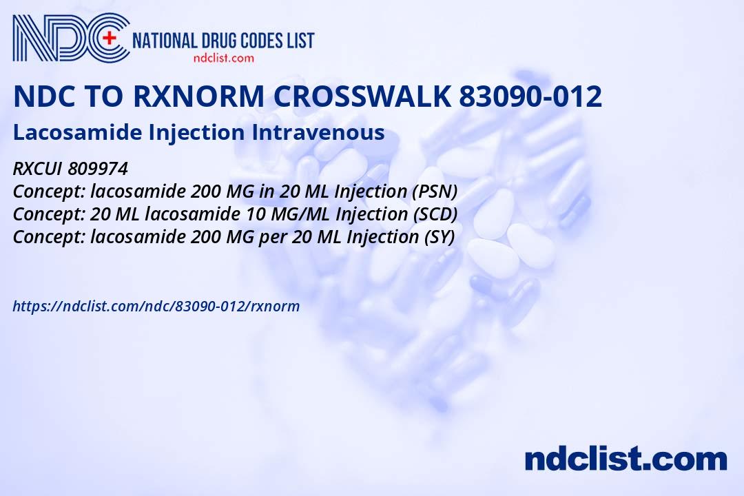 NDC RxNorm Crosswalk 83090-012 Lacosamide Injection Intravenous