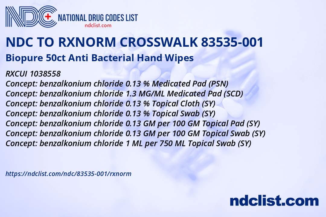 NDC RxNorm Crosswalk 83535-001 Biopure 50ct Anti Bacterial Hand Wipes