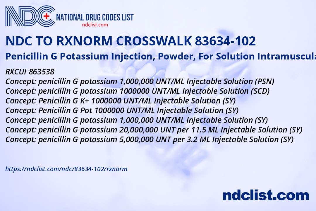 NDC RxNorm Crosswalk 83634-102 Penicillin G Potassium Injection, Powder, For Solution ...