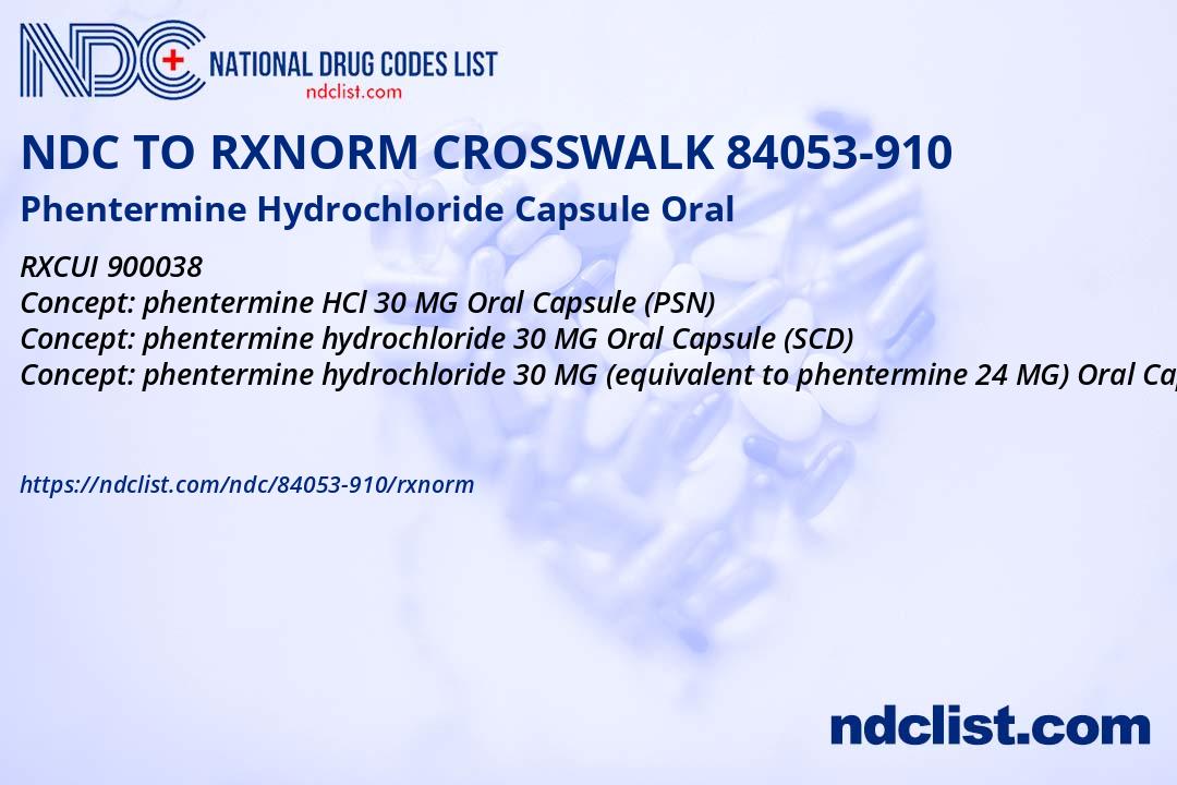NDC RxNorm Crosswalk 84053-910 Phentermine Hydrochloride Capsule Oral