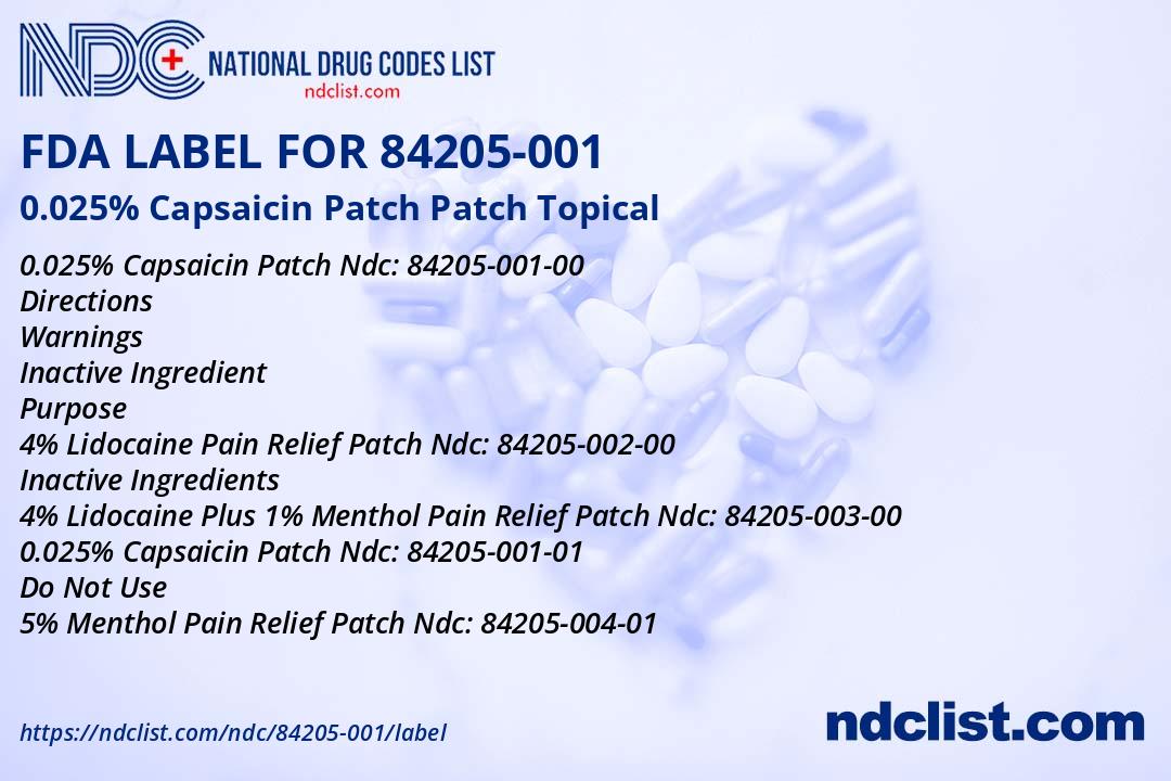 FDA Label for 0.025% Capsaicin Patch - Indications, Usage & Precautions