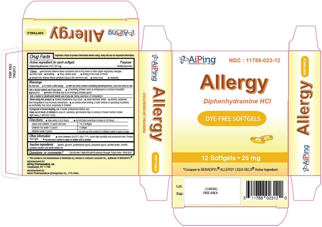 NDC 11788-023 Allergy Softgel Diphenhydramine Hcl