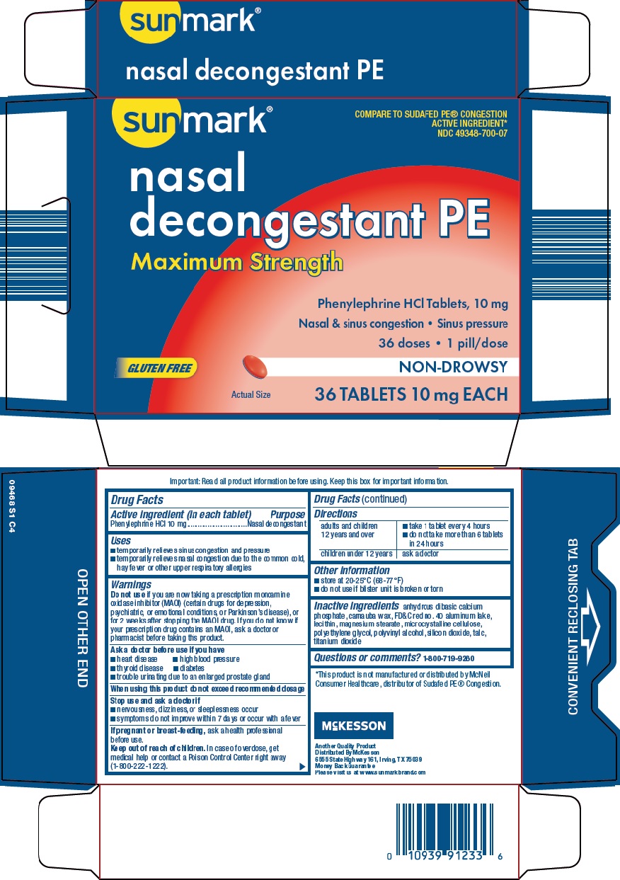 NDC 49348-700 Sunmark Nasal Decongestant Pe Maximum Strength Tablet ...
