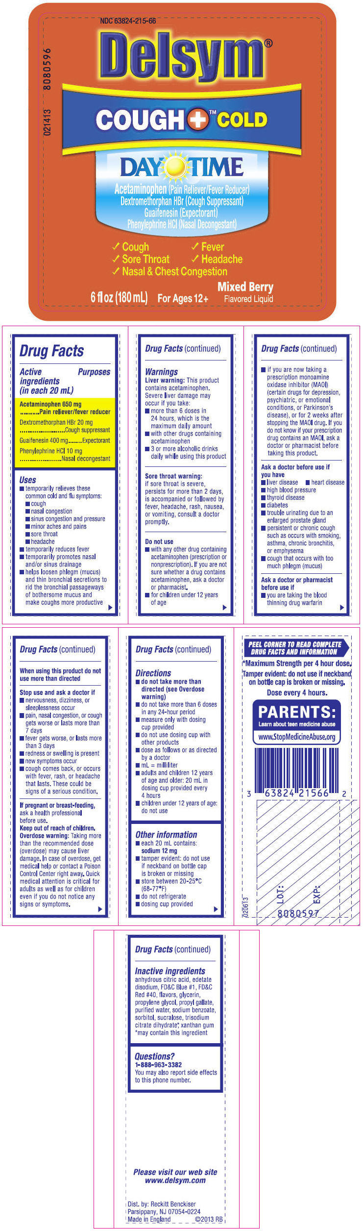 NDC 63824-215 Delsym Cough Plus Cold Day Time