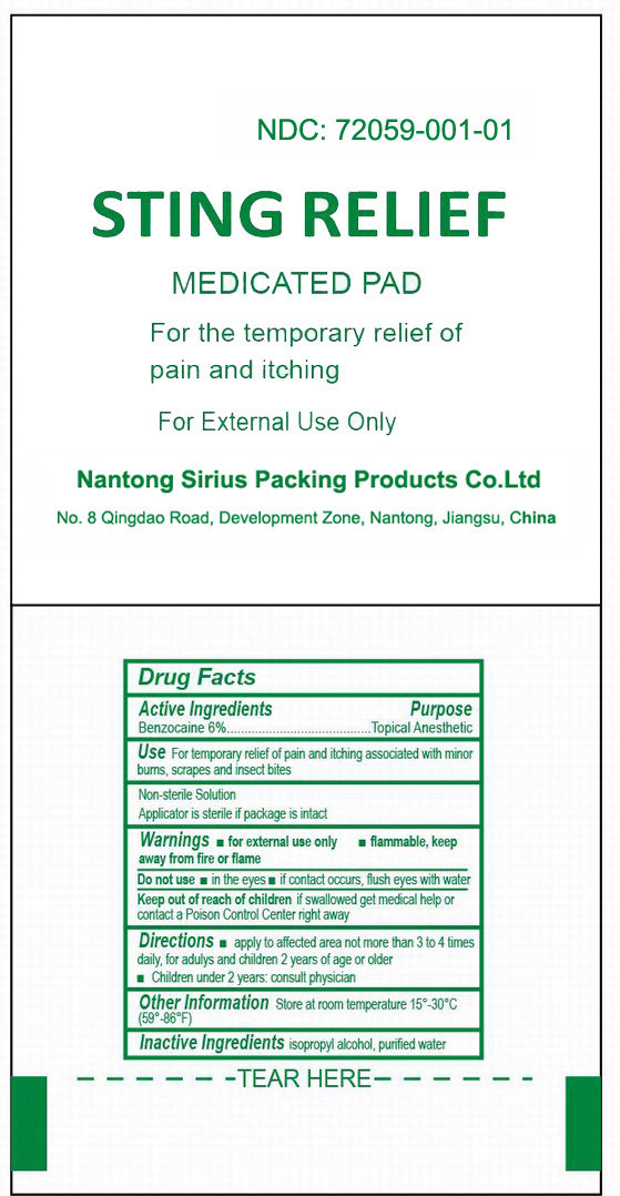 Sting Relief Medicated Pad Product Images - NDC 72059-001
